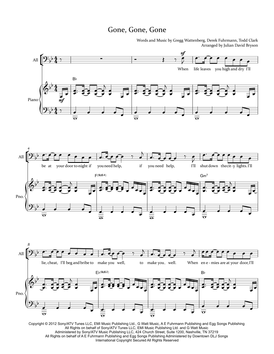 Gone, Gone, Gone (arr. Julian David Bryson) by Phillip Phillips Sheet ...
