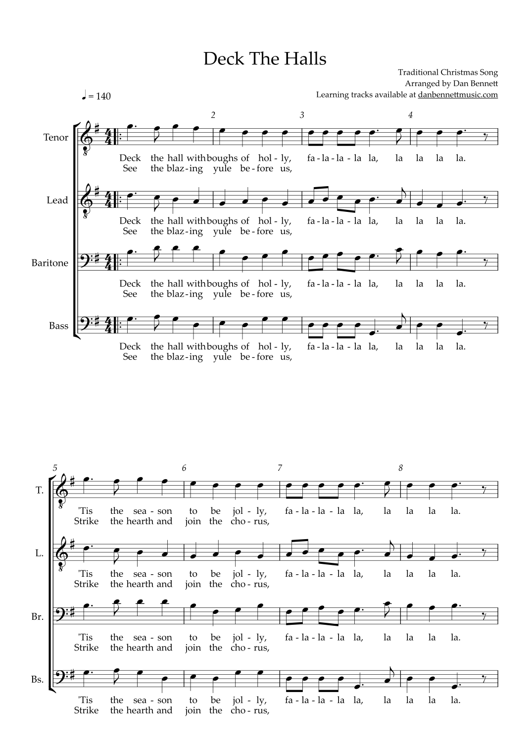 Deck The Halls (arr. Dan Bennett by Traditional Christmas Song Sheet ...