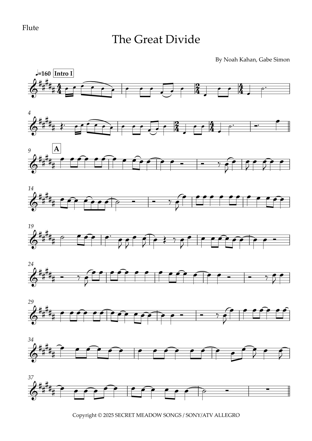 The Great Divide (arr. Cid Araujo) by Noah Kahan Sheet Music for Flute ...