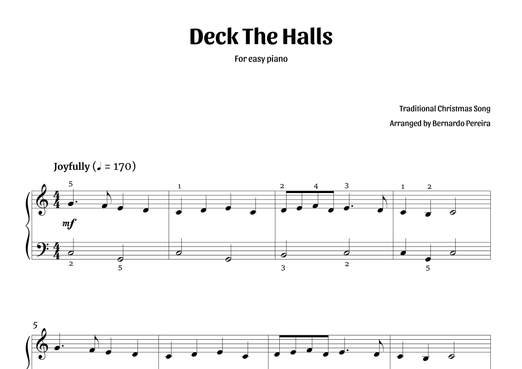 Deck The Halls (easy piano – C major) (arr. Bernardo Pereira) by ...