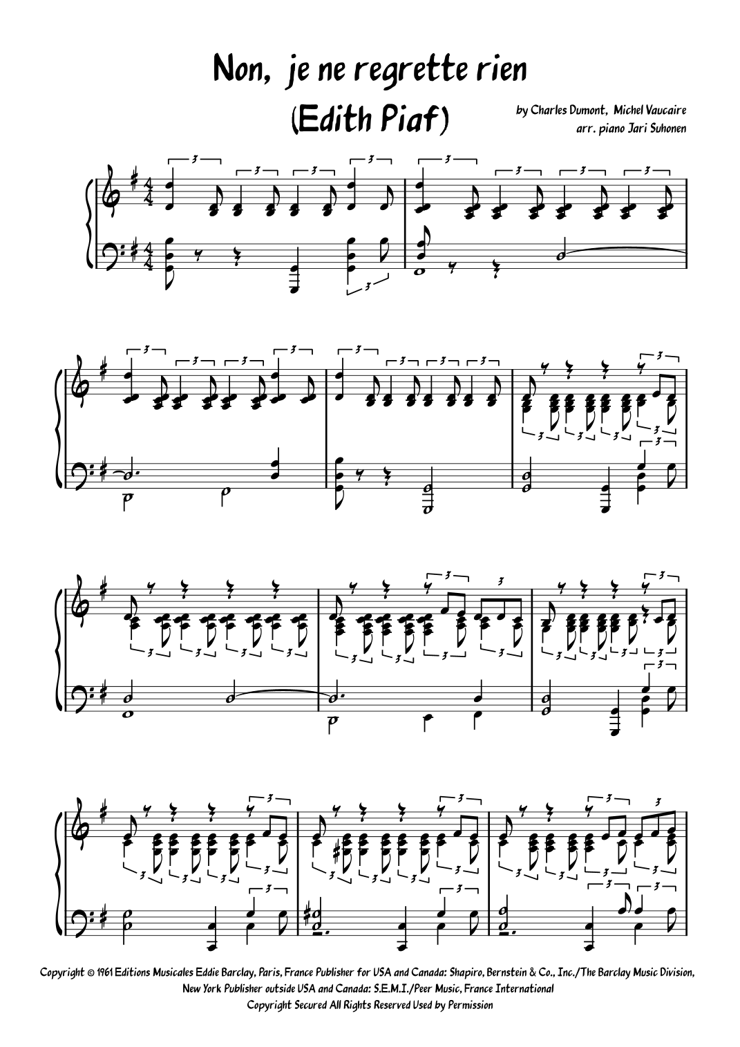 Non, Je Ne Regrette Rien (arr. Jari Suhonen) by Piaf, Edith Sheet Music ...