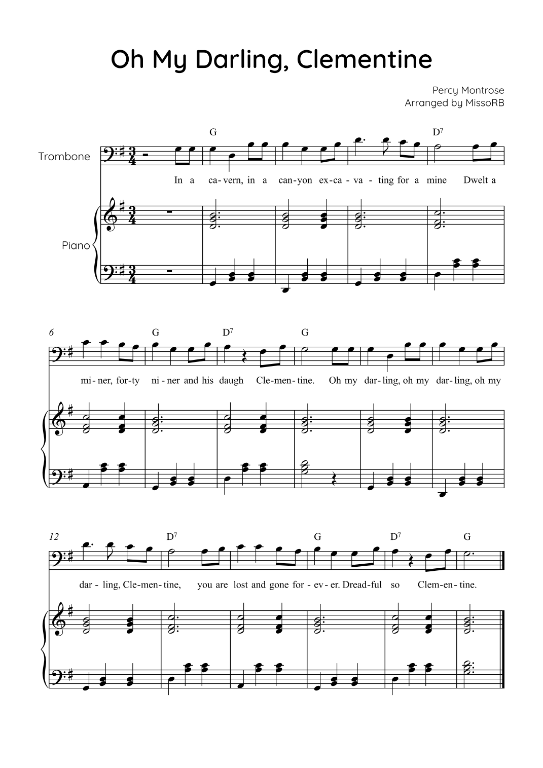 Oh My Darling, Clementine - Trombone & Piano in G With Chords & Lyric ...