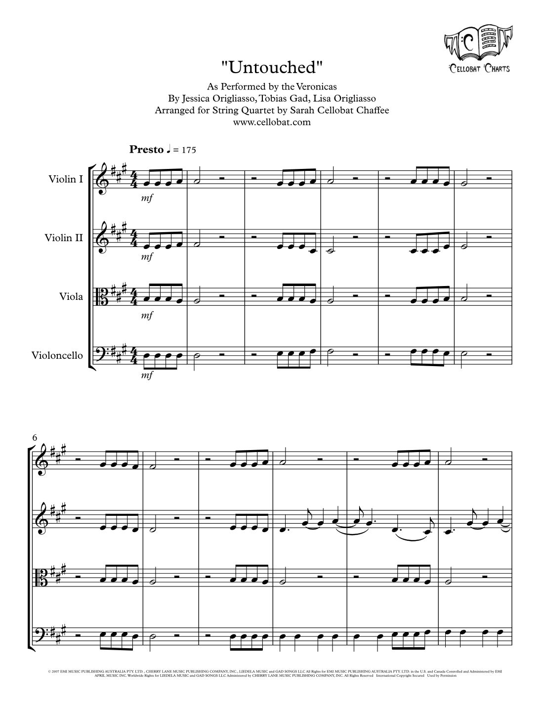 Untouched (arr. Sarah Cellobat Chaffee by The Veronicas Sheet Music for ...