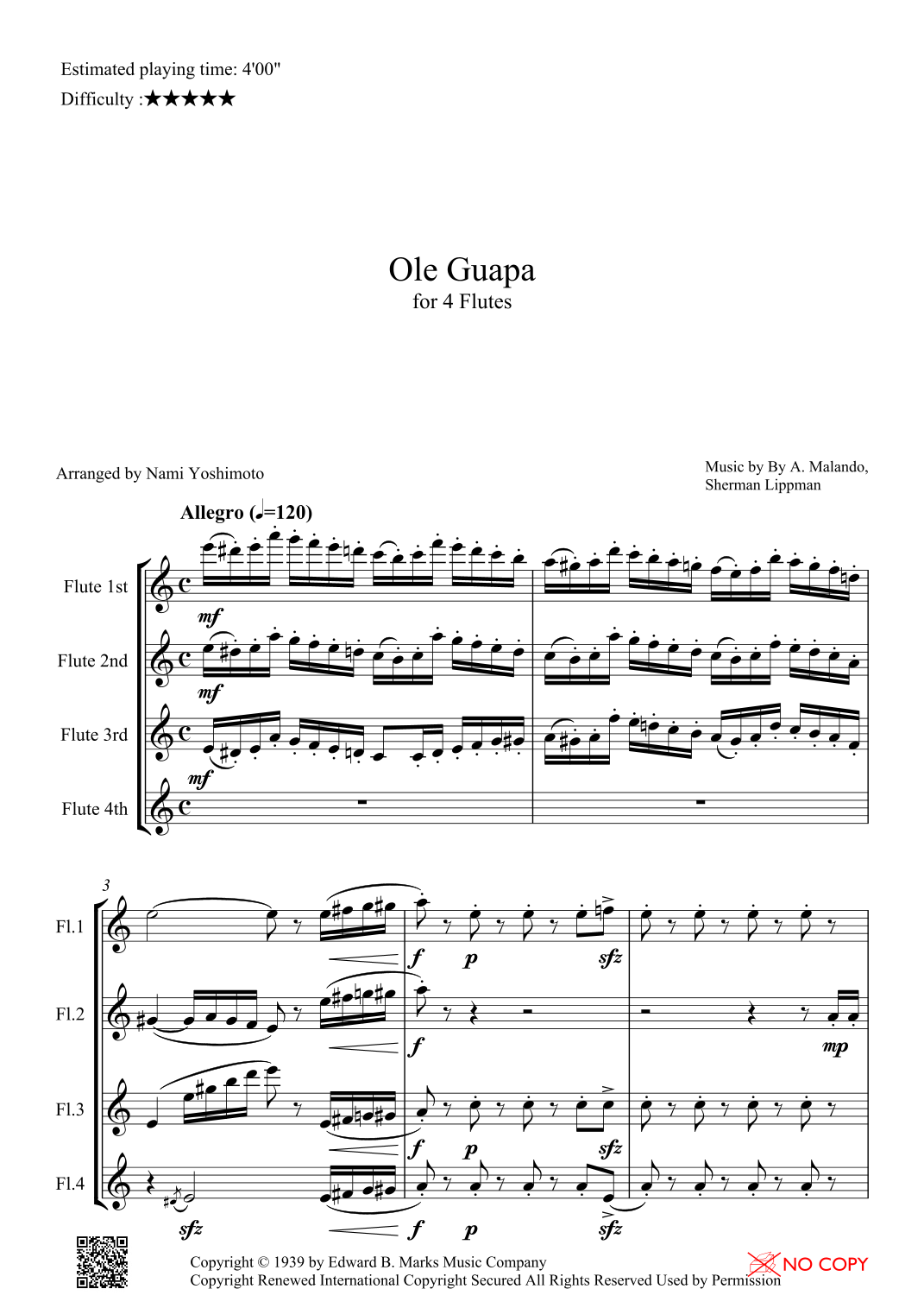 Ole Guapa (arr. Nami Yoshimoto) by A. Malando Sheet Music for Woodwind ...