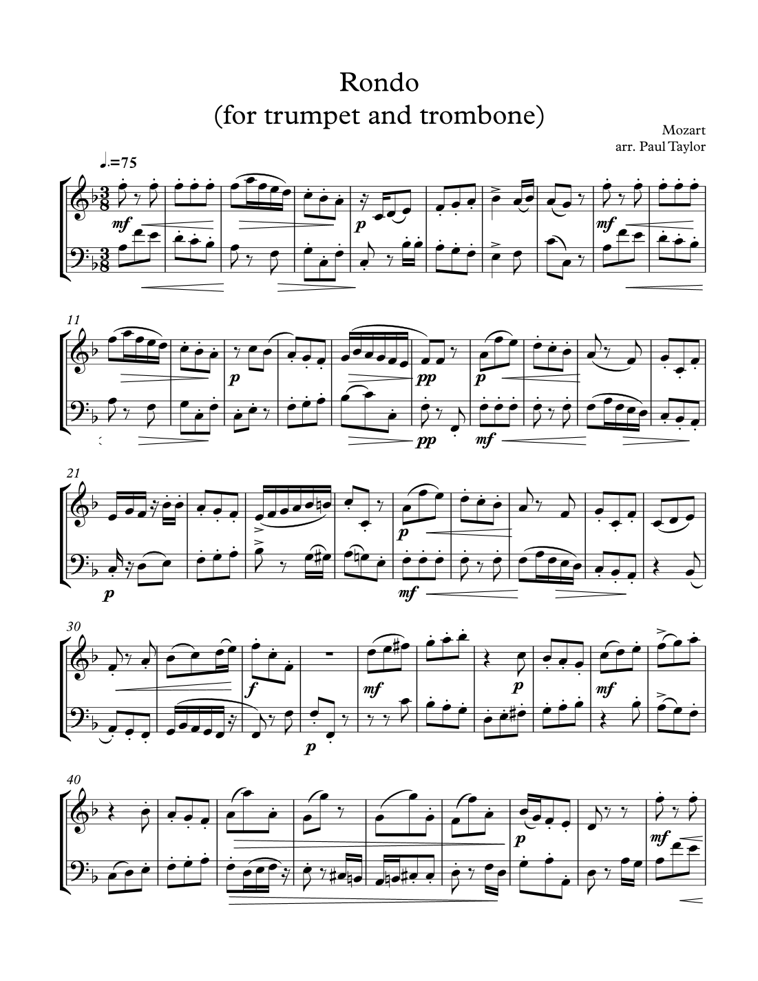 Rondo for trumpet and trombone (arr. Paul Franklyn Taylor) by Mozart ...