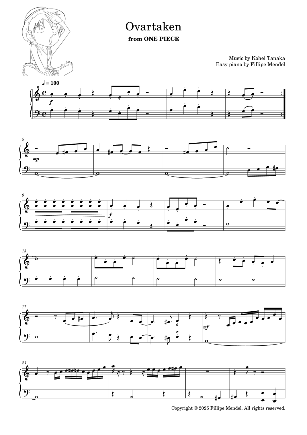 Ovartaken from One Piece (easy piano) (arr. Fillipe Mendel) von Kohei ...