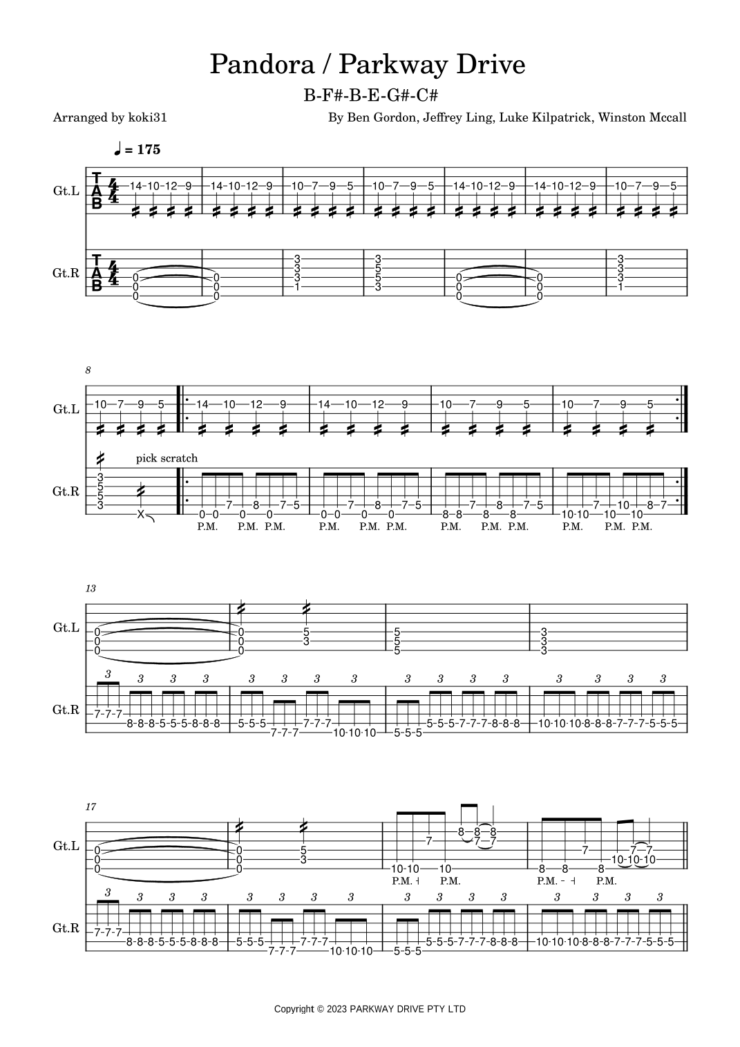 Pandora (arr. koki31) by Parkway Drive Sheet Music for Guitar Tab at ...