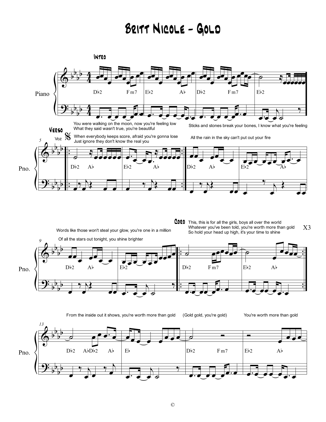 Gold (arr. Andrés Rivas) by Britt Nicole Sheet Music for Piano & Vocal ...