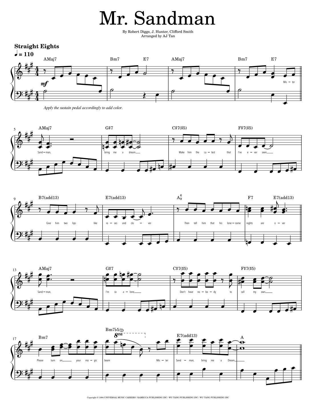 Mr. Sandman (arr. AJ Tan by Snooks Eaglin Sheet Music for Piano Solo at ...