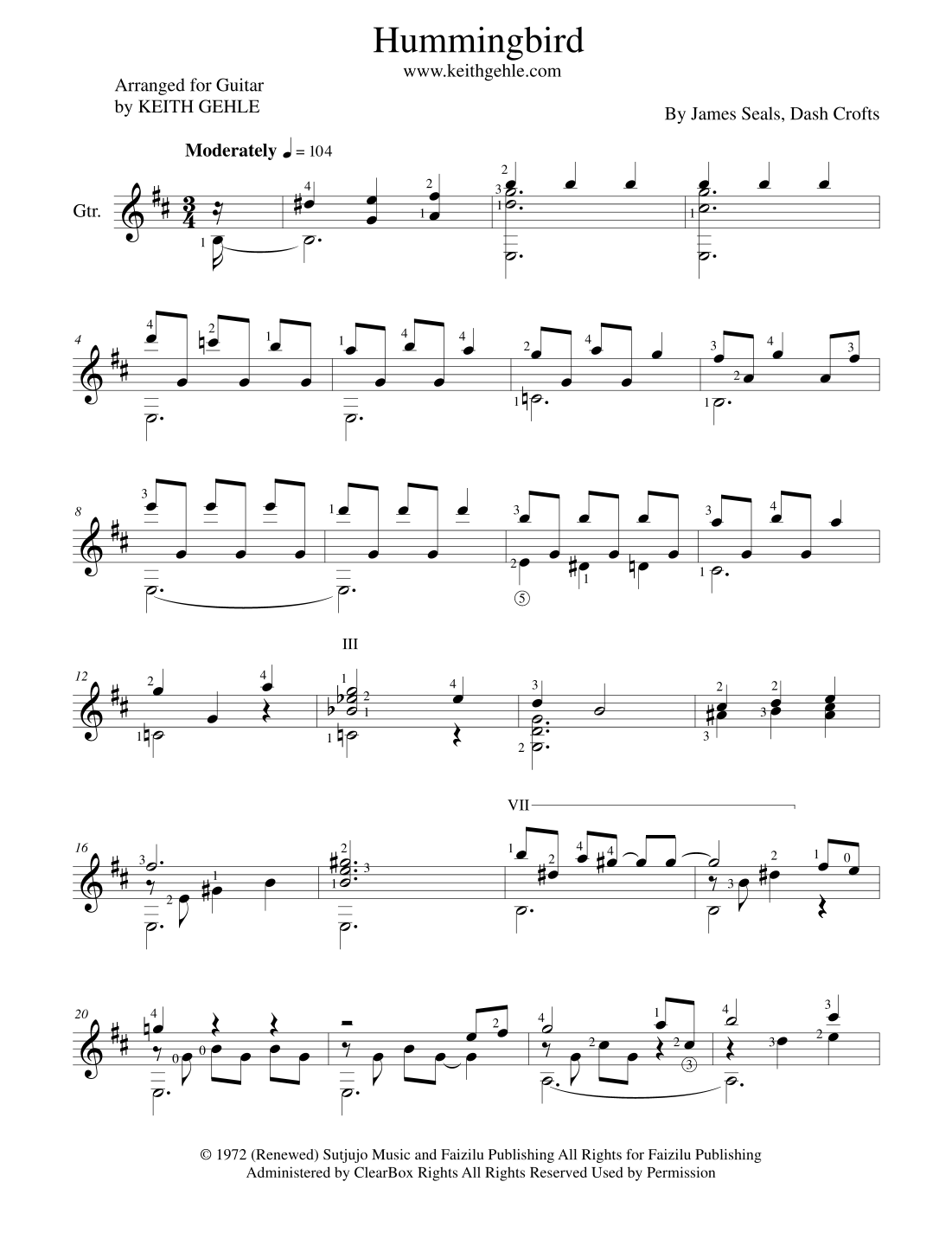 Hummingbird (arr. Keith W. Gehle) by Seals & Crofts Sheet Music for ...