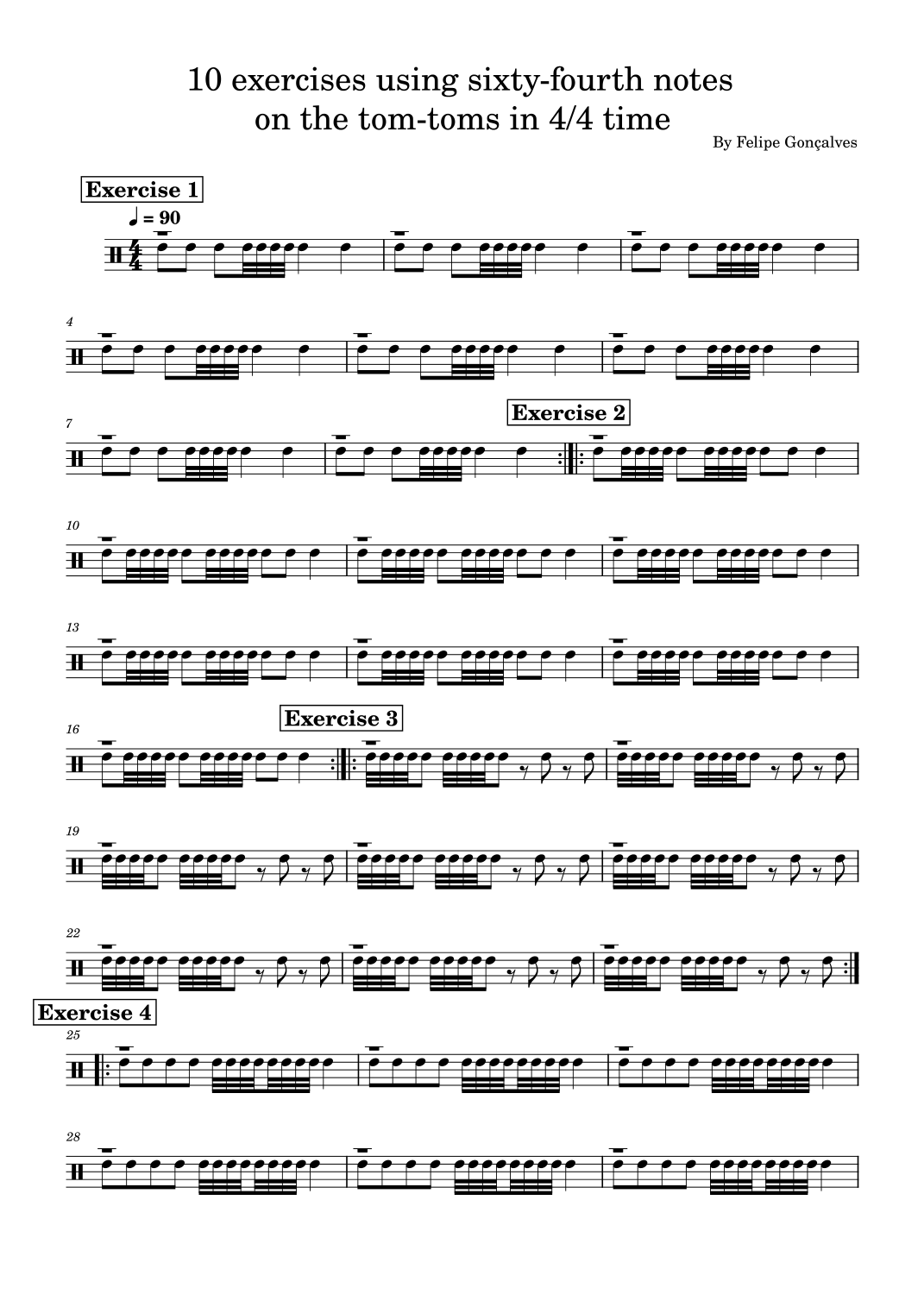10 exercises using sixty-fourth notes on the tom-toms in 4/4 time by ...