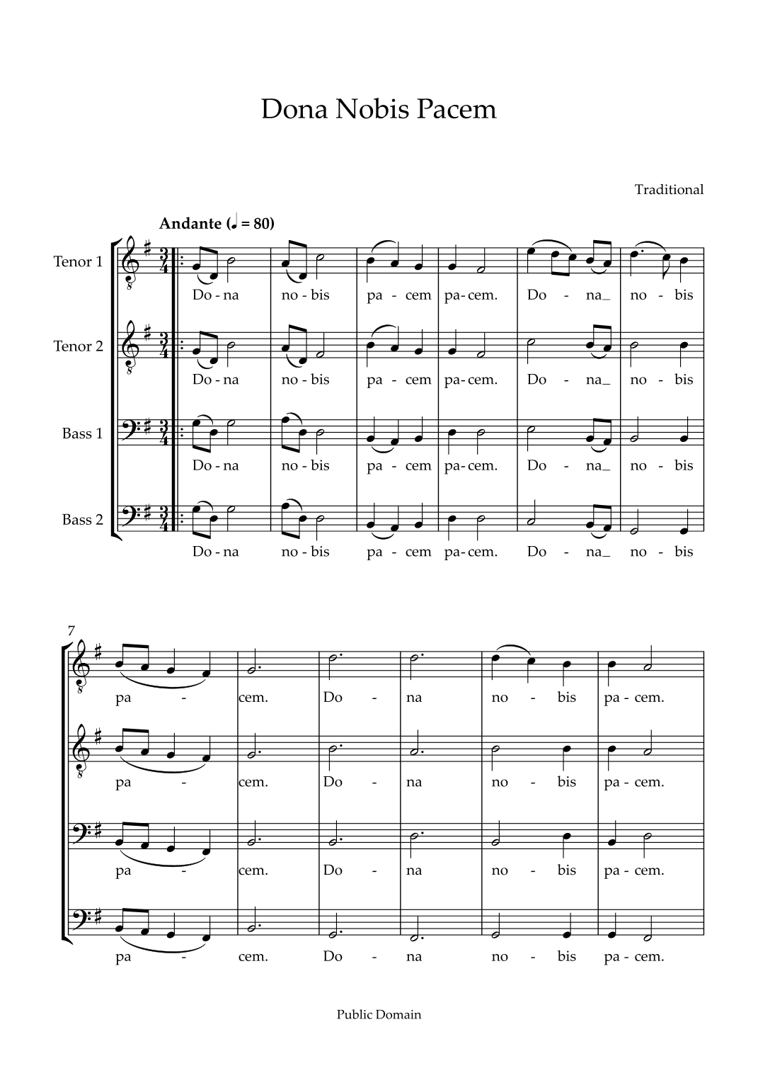 Dona Nobis Pacem – TTBB Choir (G major) (arr. D. M. Scores) by Traditional Sheet Music for TTBB ...