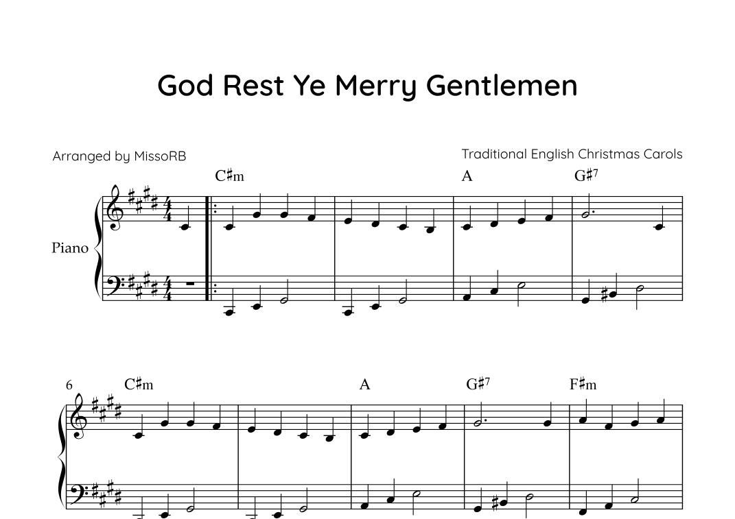 God Rest Ye Merry Gentlemen - Piano in C# Minor With Chords - Easy (arr ...