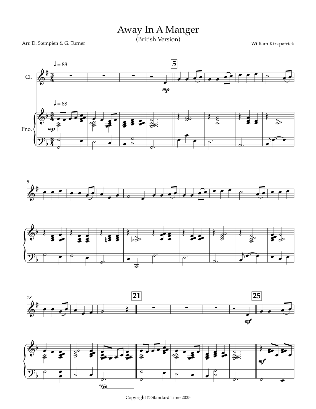 Away In A Manger (Britain, Kirkpatrick) for Clarinet and Piano (arr ...