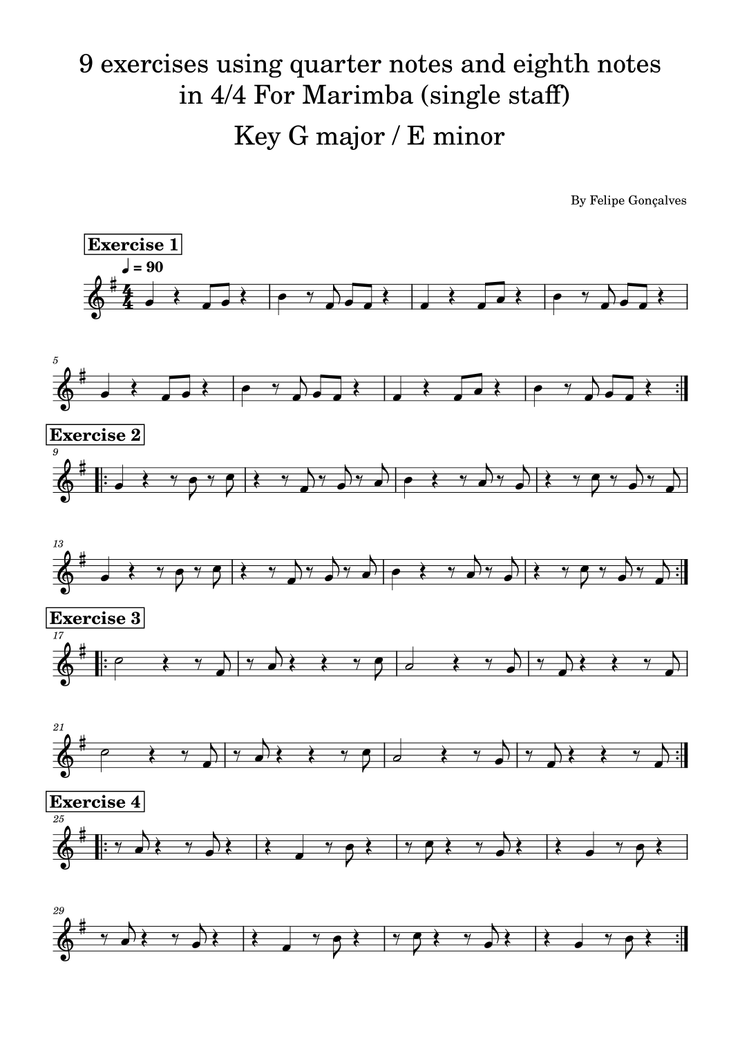 9 exercises using quarter notes and eighth notes in 4/4 For Marimba ...