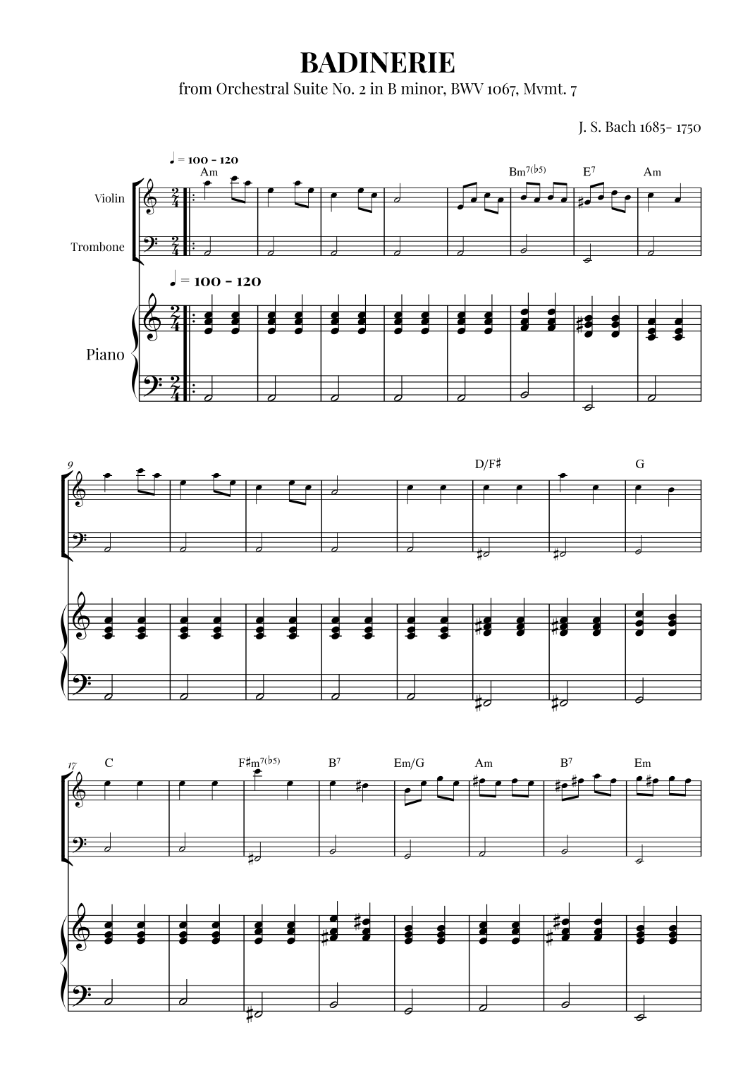 Badinerie (BWV 1067) - Easy Violin, Trombone and Piano (with Chords ...