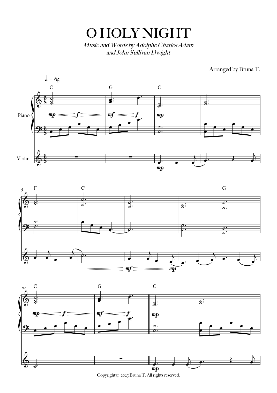 O Holy Night (Piano and Violin) (arr. Bruna T.) by Adolphe Charles Adam ...
