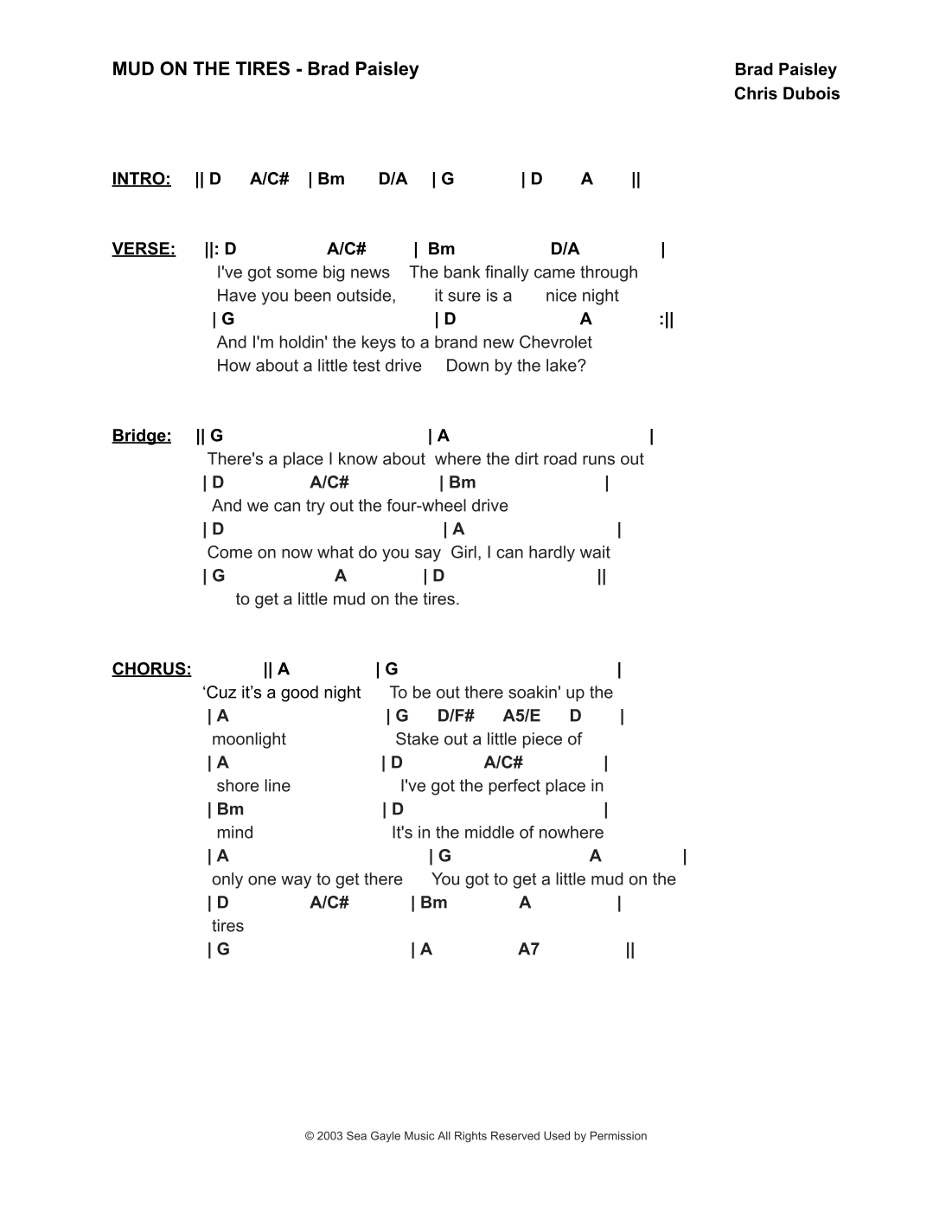 Mud On The Tires (arr. Bronson Ferdinand Wright) by Brad Paisley Sheet ...