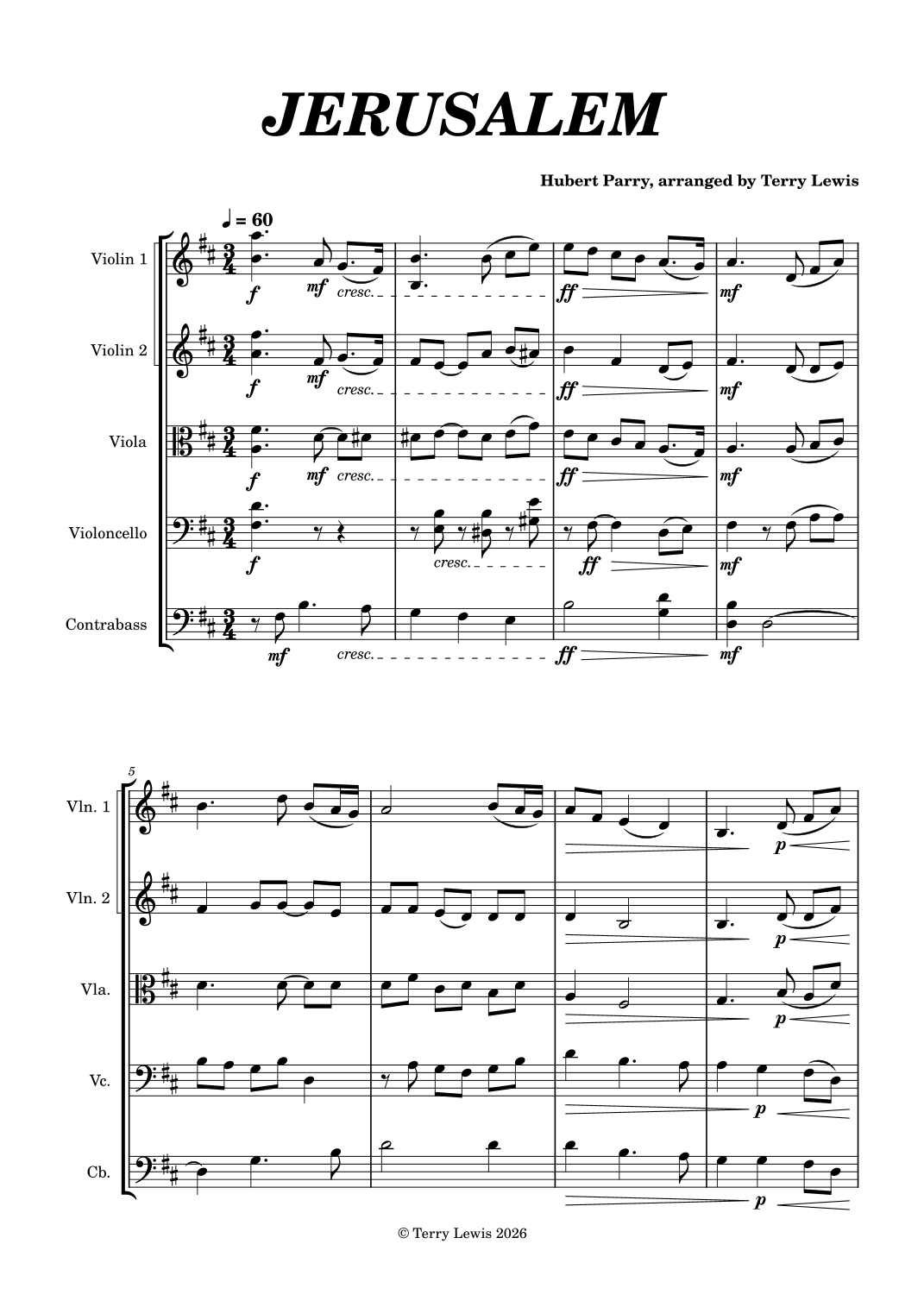Jerusalem (arr. Terry Lewis) by Hubert Parry Sheet Music for String ...