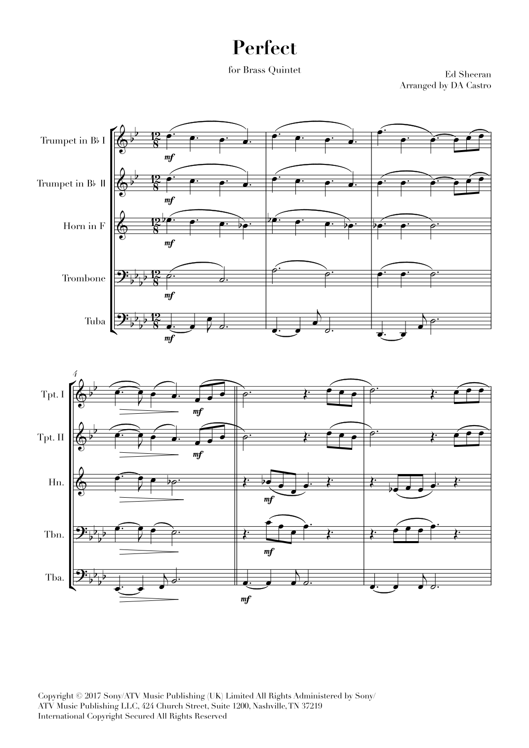 Perfect (arr. DA Castro) by Ed Sheeran Sheet Music for Brass Ensemble ...