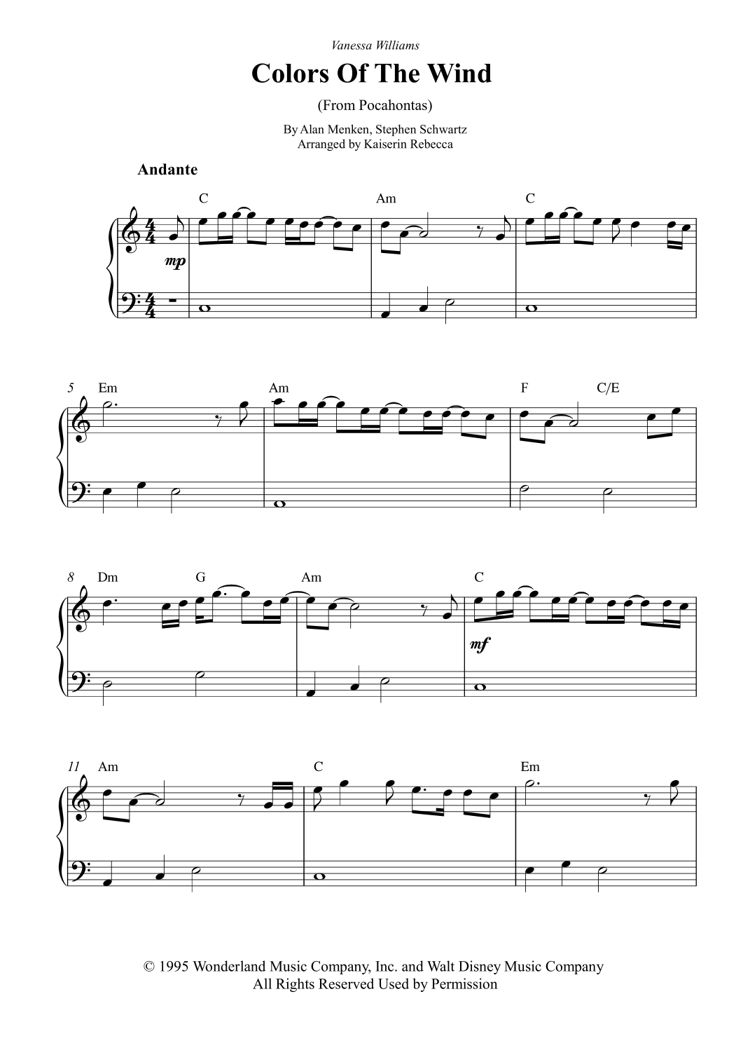 Colors Of The Wind (arr. Kaiserin Rebecca) by Vanessa Williams Sheet ...