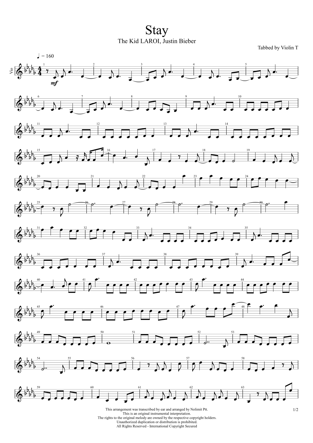 STAY PAR THË KID LAROI, JUSTIN BIEBER PARTITIONS POUR VIOLON SOLO SUR ...