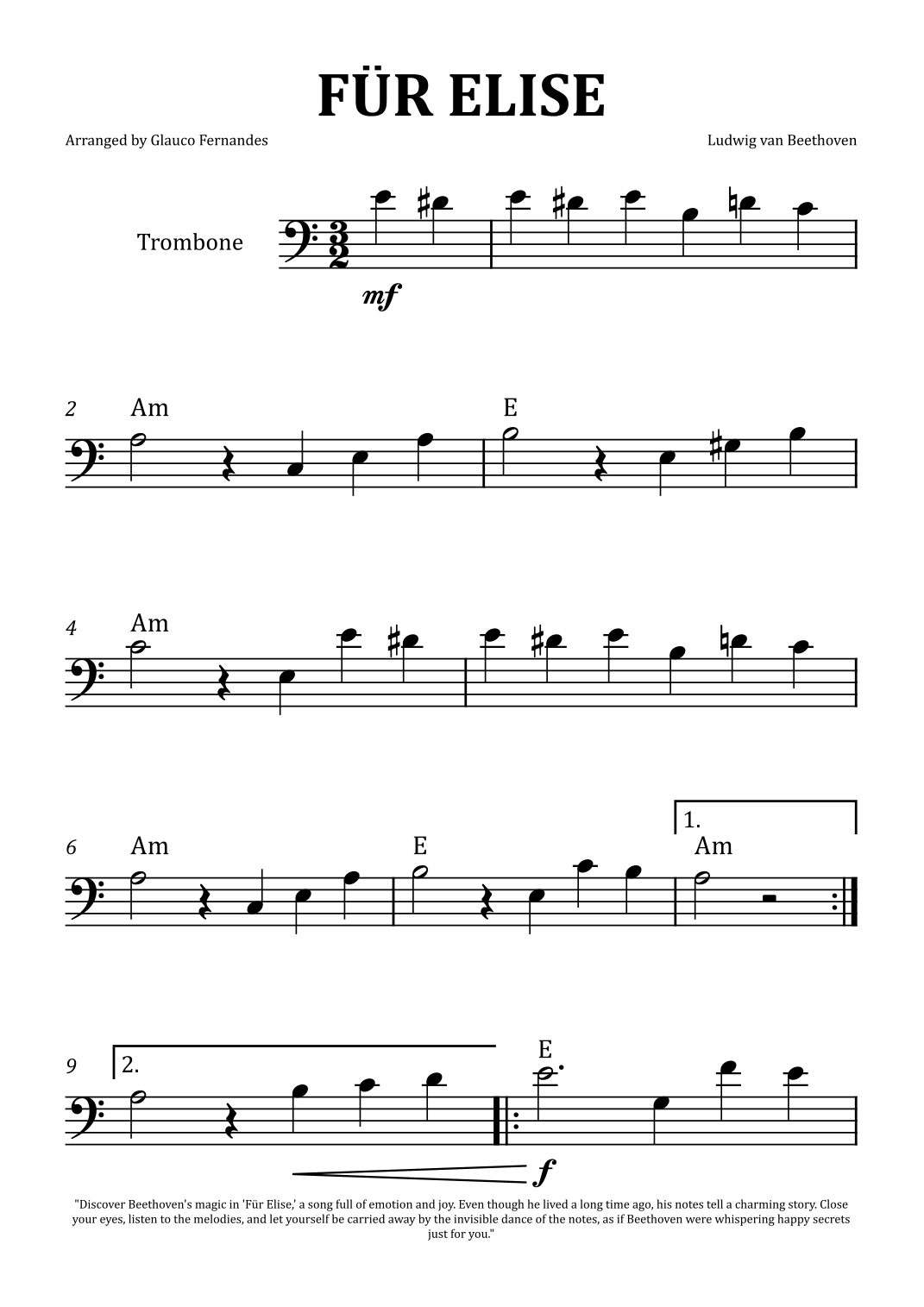 Fur Elise by Beethoven - Trombone Solo with Chord Notation (arr. Glauco ...