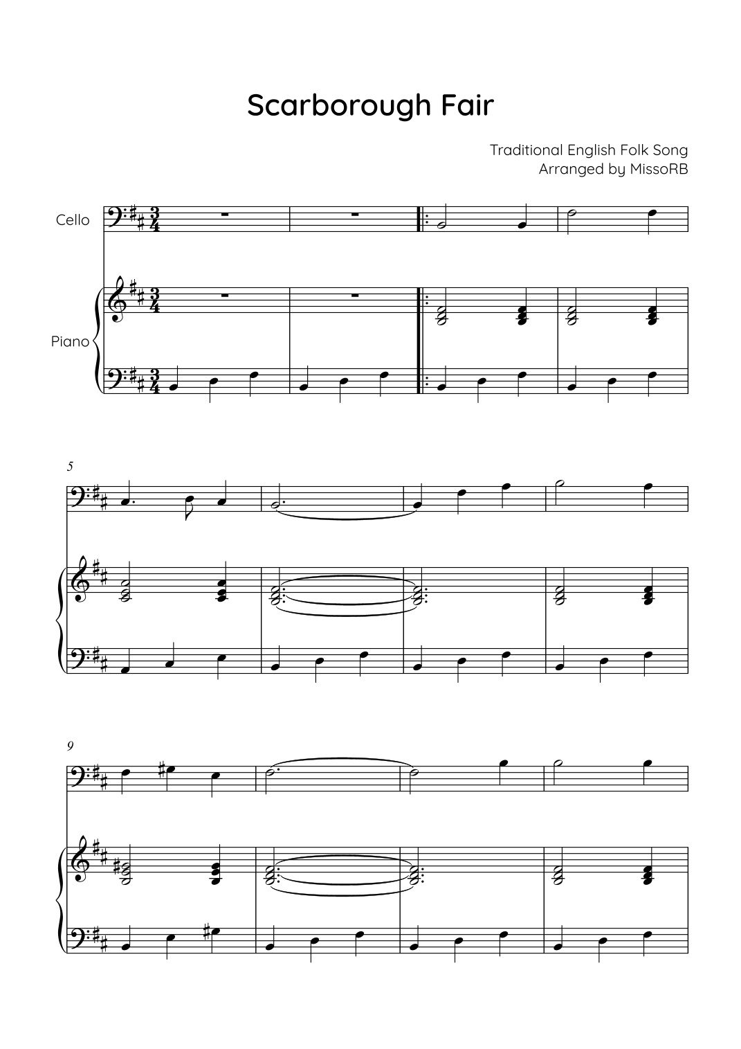 Scarborough Fair - Cello & Piano in Bm (Easy) (arr. MissoRB) by ...