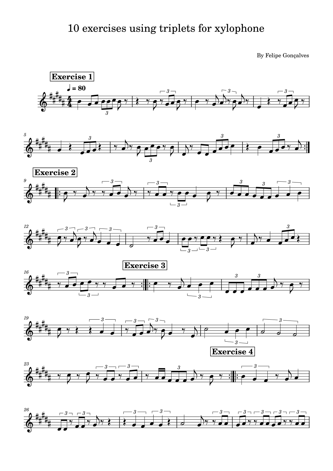 10 exercises using triplets for xylophone in the key of B major / G# ...