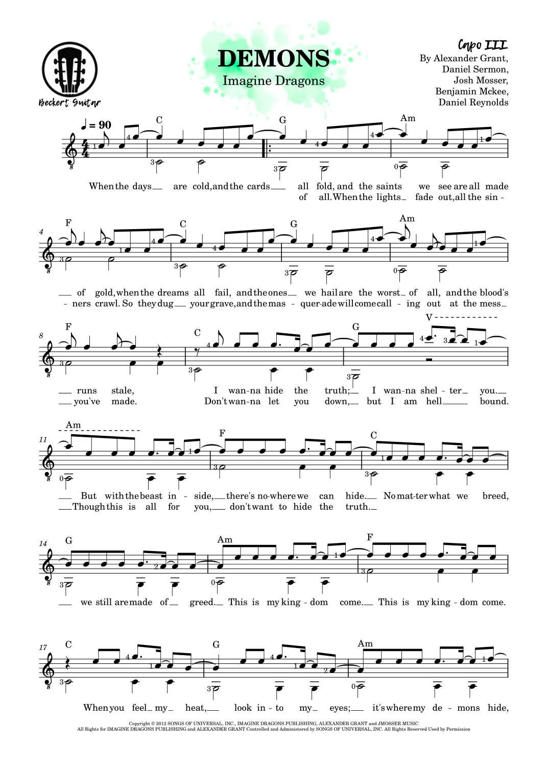Demons (arr. Beckert Guitar) by Imagine Dragons Sheet Music for Solo ...