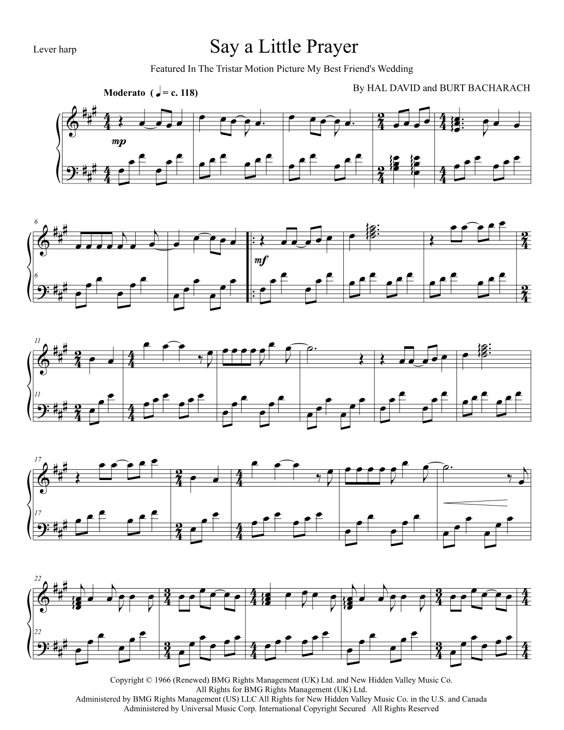 I Say A Little Prayer (arr. Kim Kirkman) by Dionne Warwick Sheet Music for Harp at Sheet Music ...