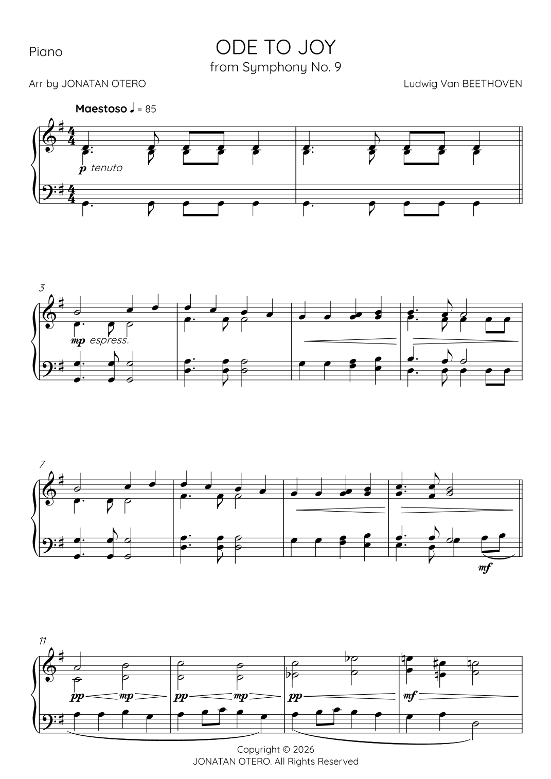 ODE TO JOY (arr. JONATAN OTERO) by Ludwig Van Beethoven Sheet Music for ...