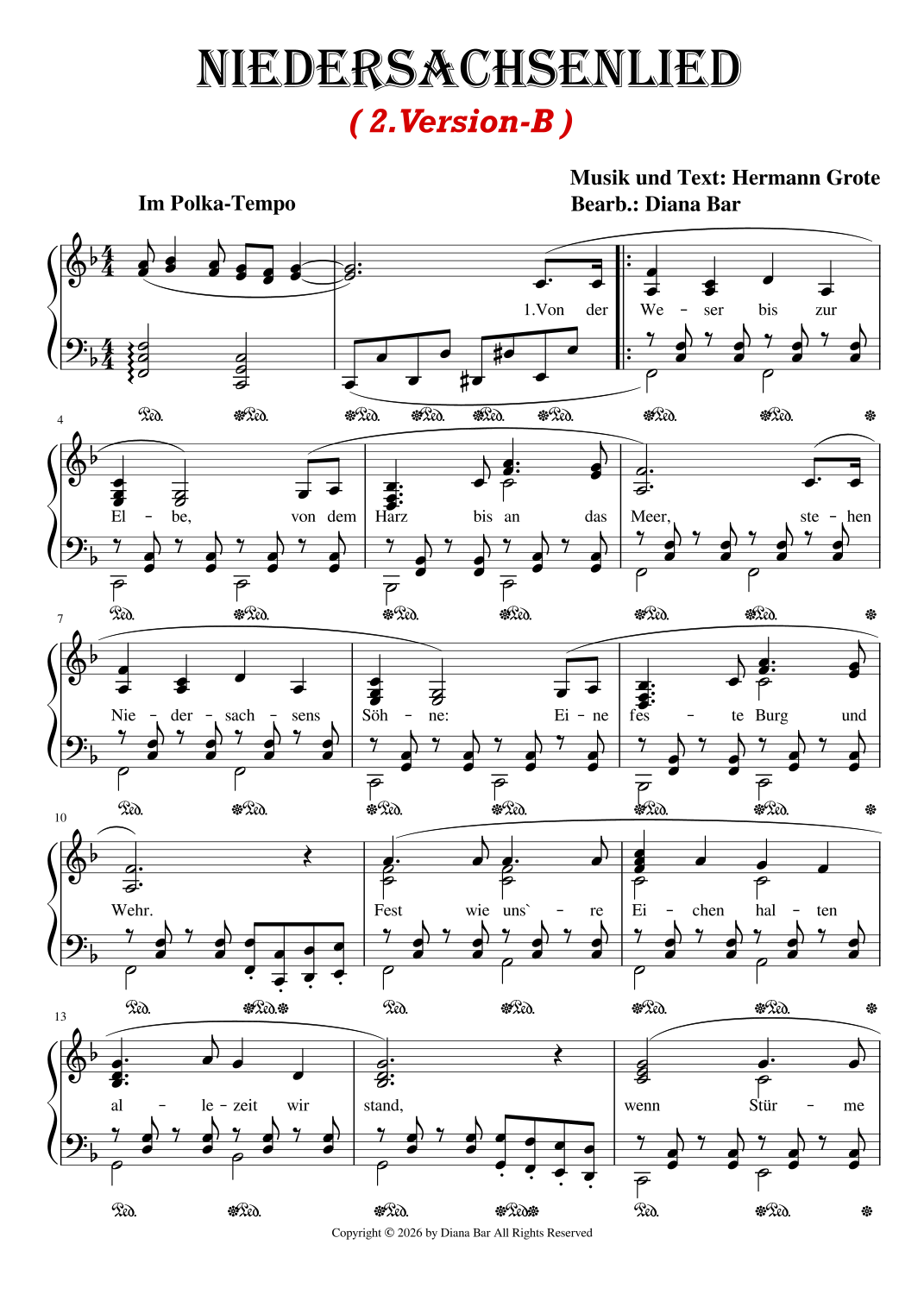Niedersachsenlied (arr. Diana Bar) by Hermann Grote Sheet Music for ...