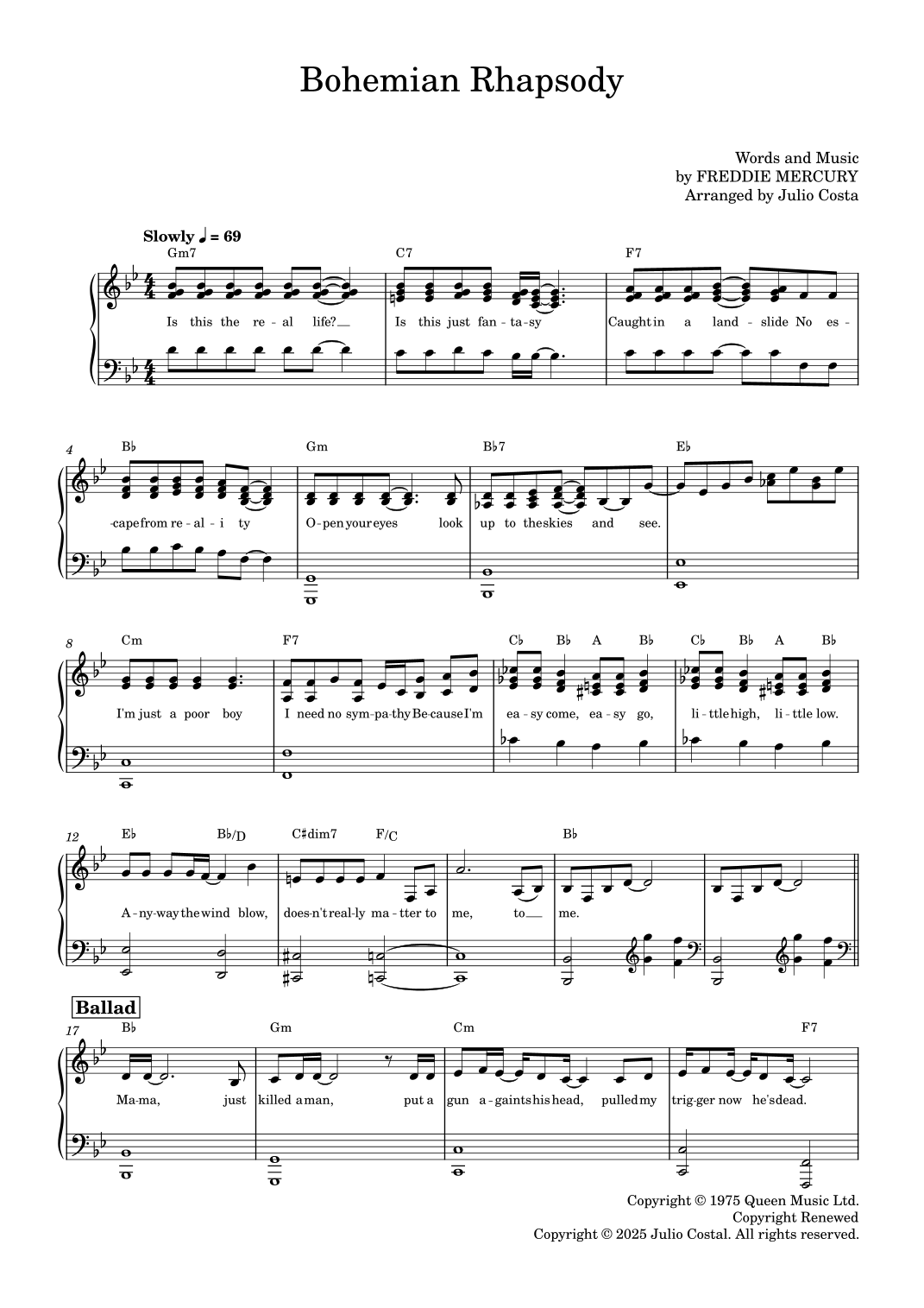 Bohemian Rhapsody (arr. Julio Costa by Queen Sheet Music for Piano Solo ...