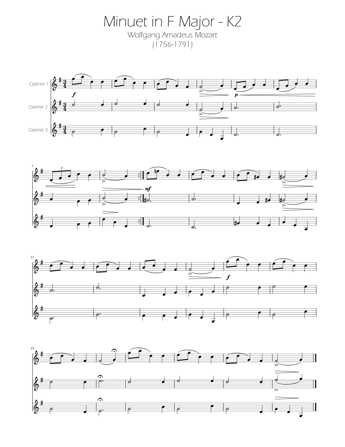 Mozart - Minuet in F Major K2 - Clarinet Trio (arr. Ygor Nunes) by ...