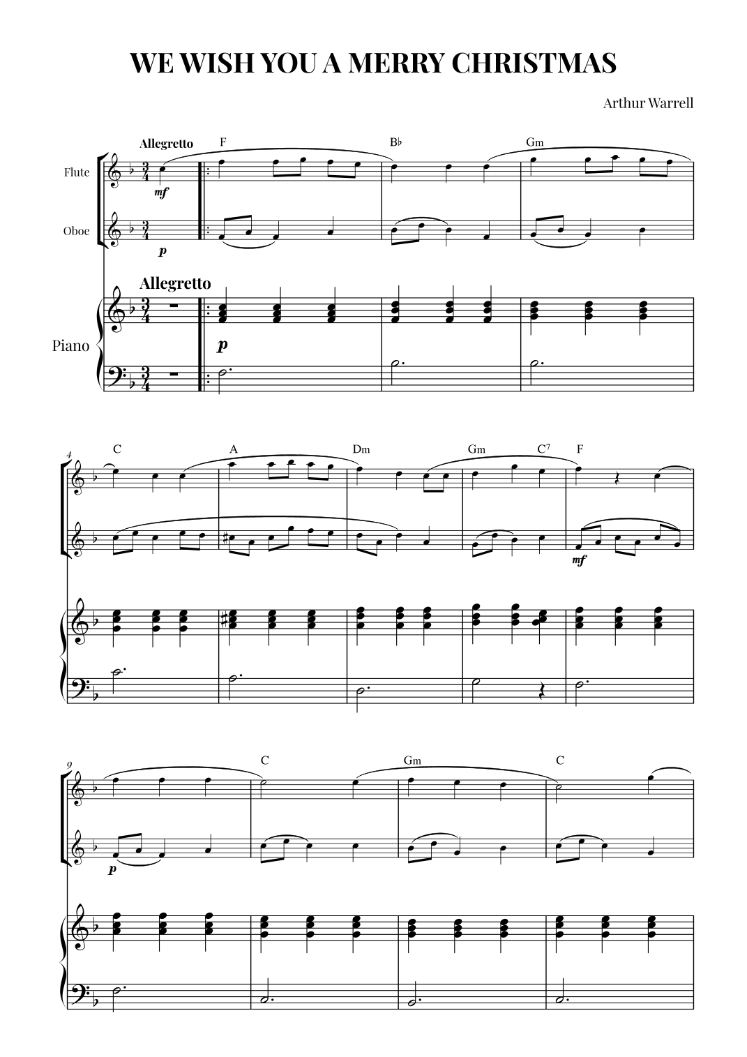 We Wish You a Merry Christmas - for Flute, Oboe and Piano (with chords ...