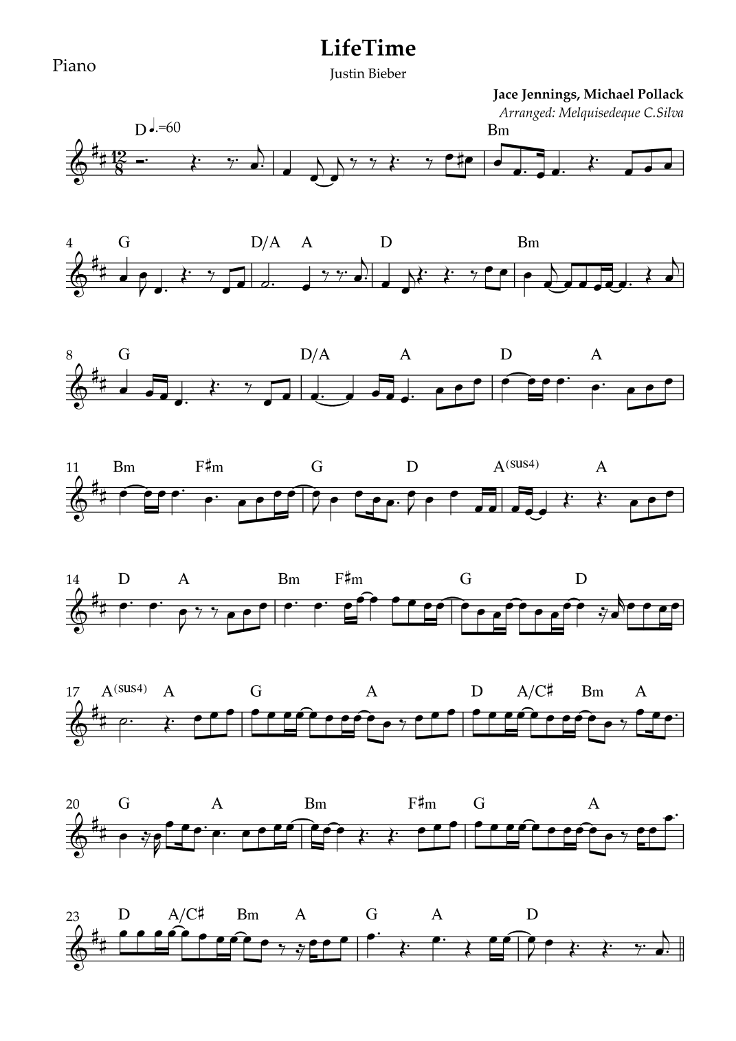 Lifetime (arr. Melquisedeque C.Silva) by Justin Bieber Sheet Music for ...