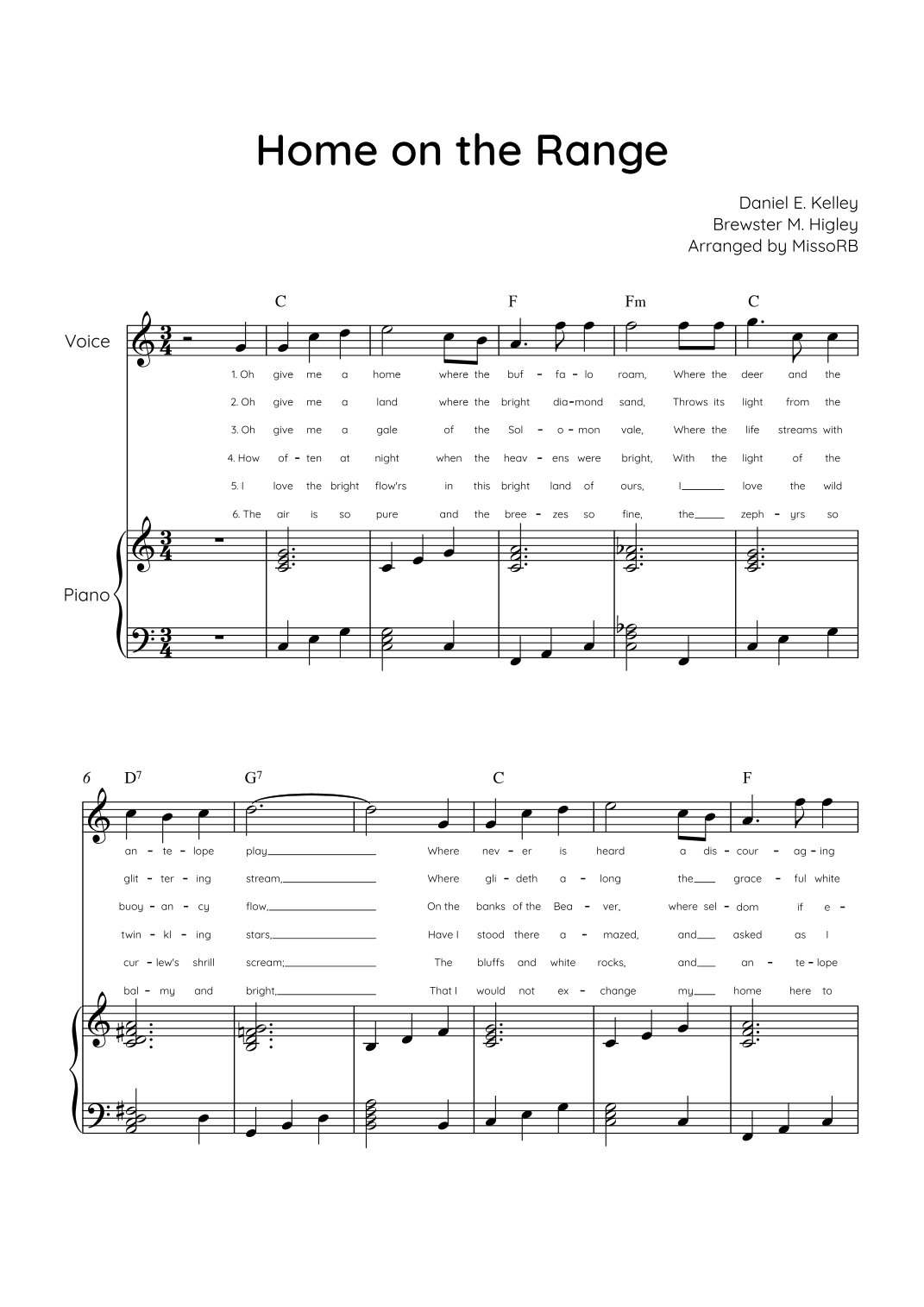 Home on the Range - Voice & Piano in C With Chords & Lyric - Easy (arr ...