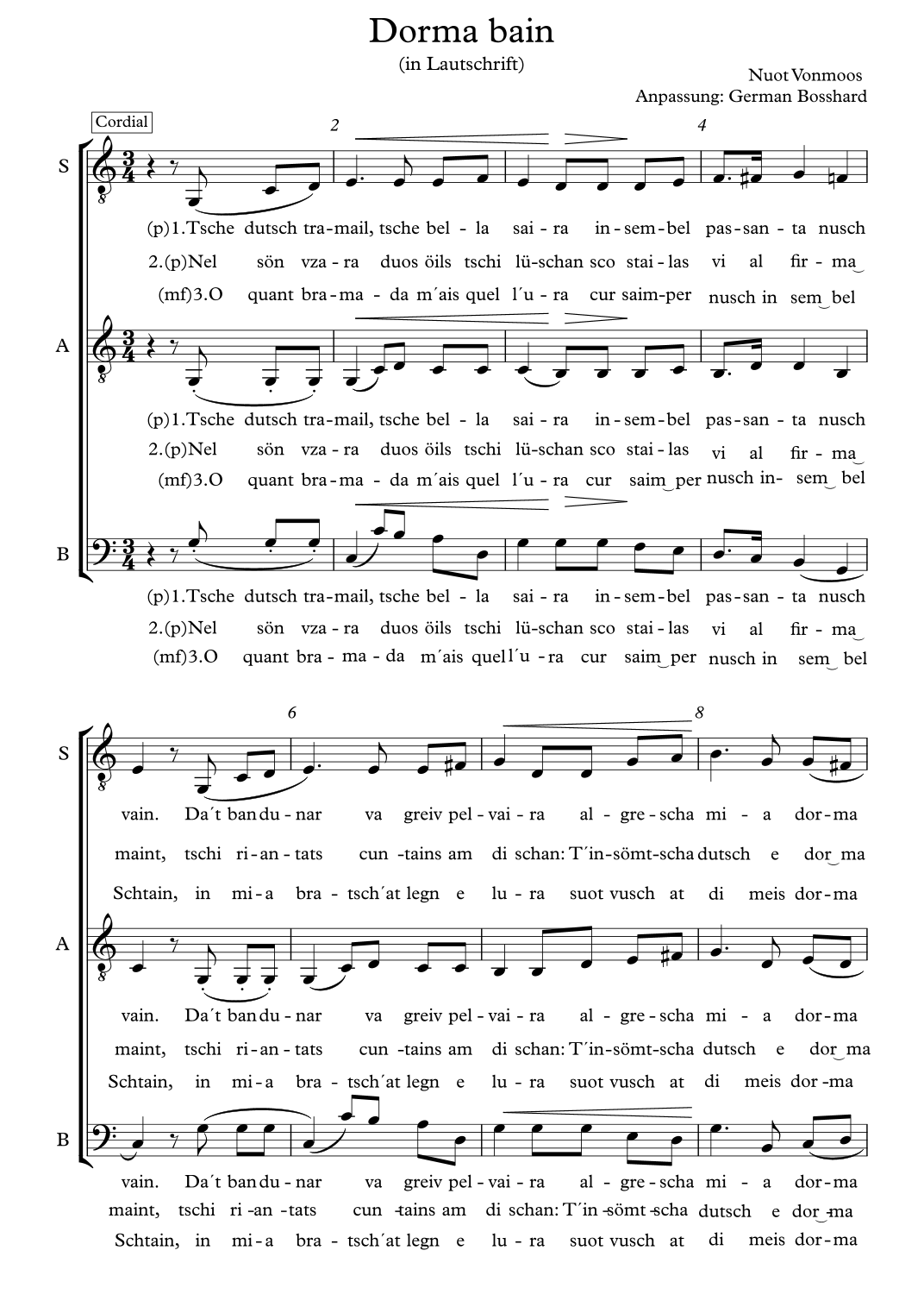 Dorma bain (arr. German Bosshard) by trad. Sheet Music for SAB Choir at ...