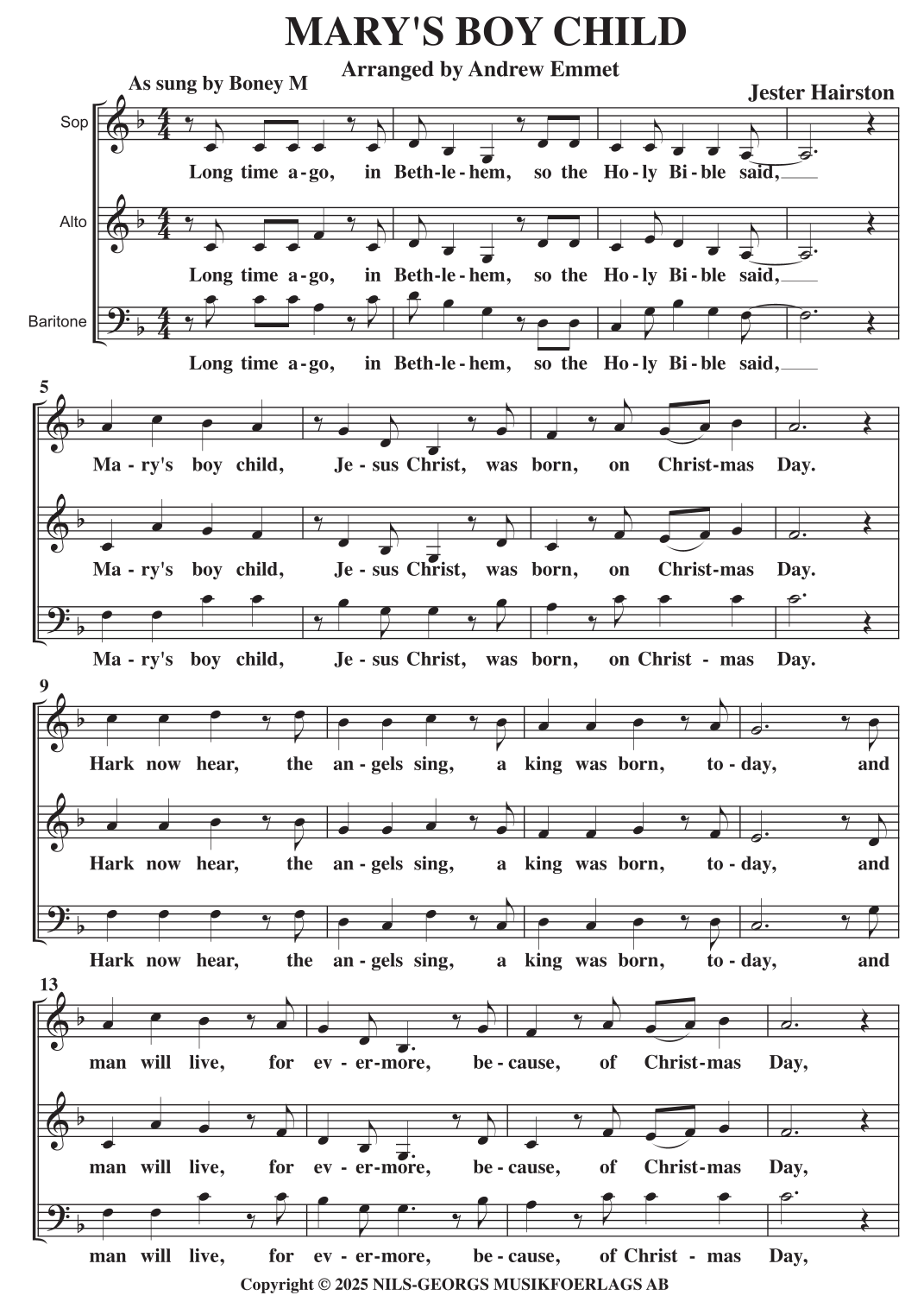 Mary's Boy Child (arr. Andrew Emmet) von Jester Hairston Noten zum Chor ...