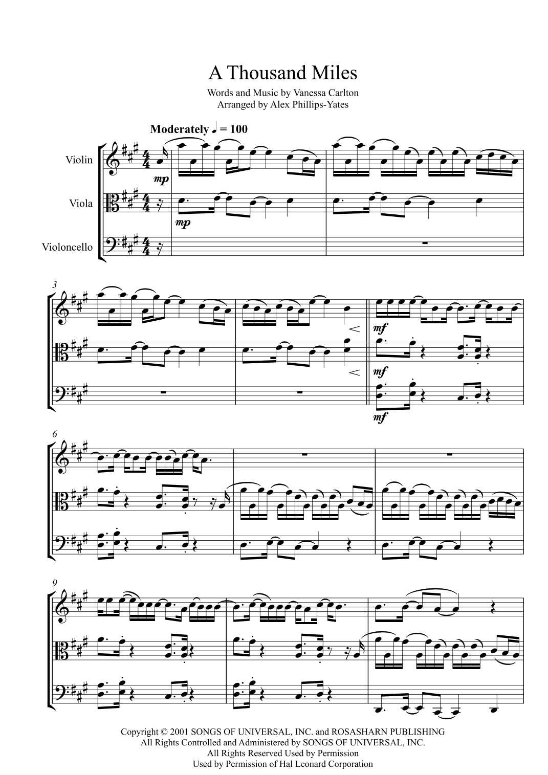A Thousand Miles (arr. Alex Phillips-Yates) by Vanessa Carlton Sheet ...