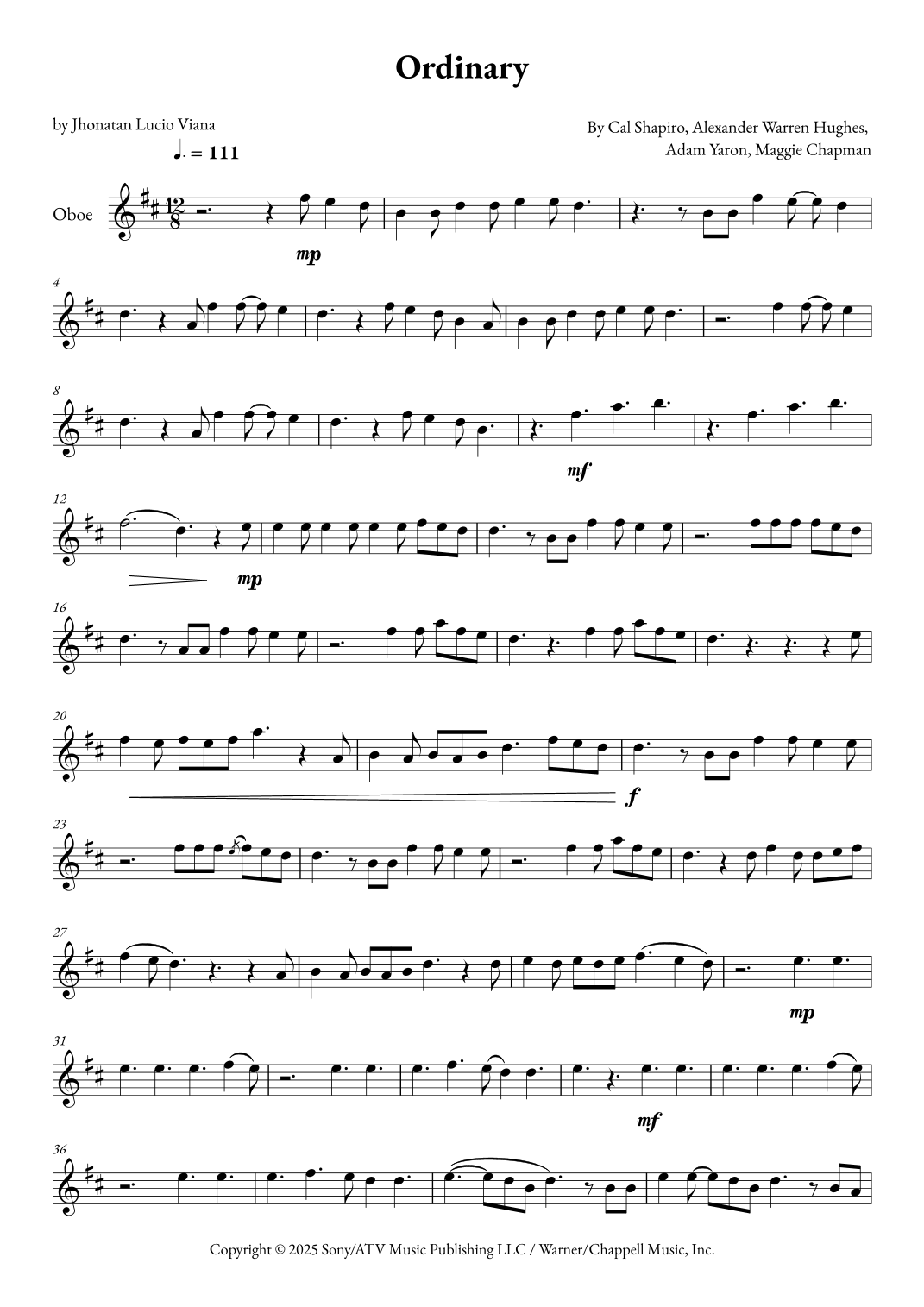 Ordinary (arr. Jhonatan Lucio Viana) by Alex Warren Sheet Music for ...