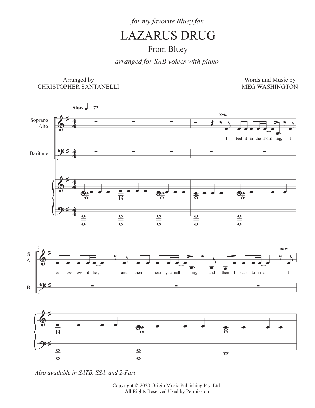 Lazarus Drug (arr. Christopher Santanelli) by Megan Washington Sheet ...