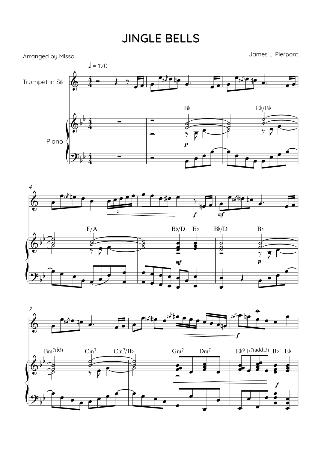 Jingle Bells - Trumpet & Piano in Bb Major (Advanced With Chords) (arr. MissoRB) by James L ...