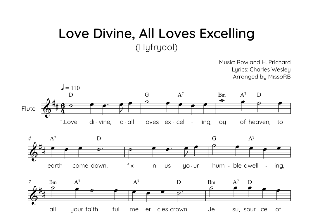 LOVE DIVINE, ALL LOVES EXCELLING (HYFRYDOL) - FLUTE IN D EASY WITH ...
