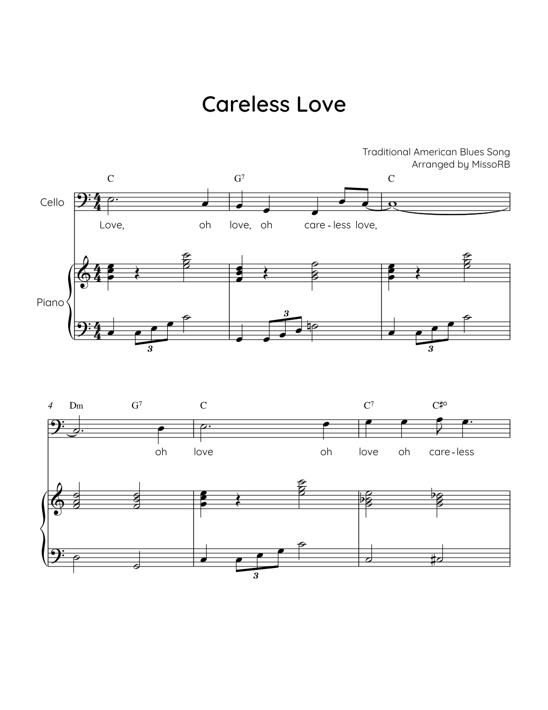 Careless Love - Cello & Piano in C With Chords & Lyric - Easy (arr ...