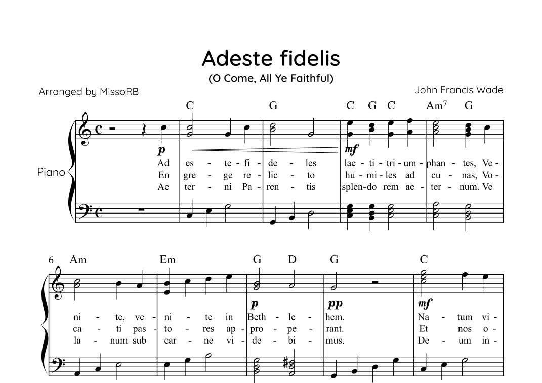 Adeste Fidelis (O Come, All Ye Faithful) - Piano in C Major ...