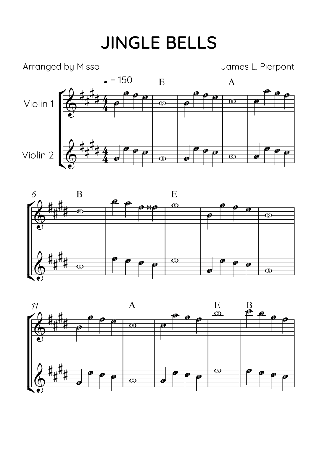 Jingle Bells - Violin Duet in E Major (Beginner With Chords & Letter Names) (arr. MissoRB) by ...