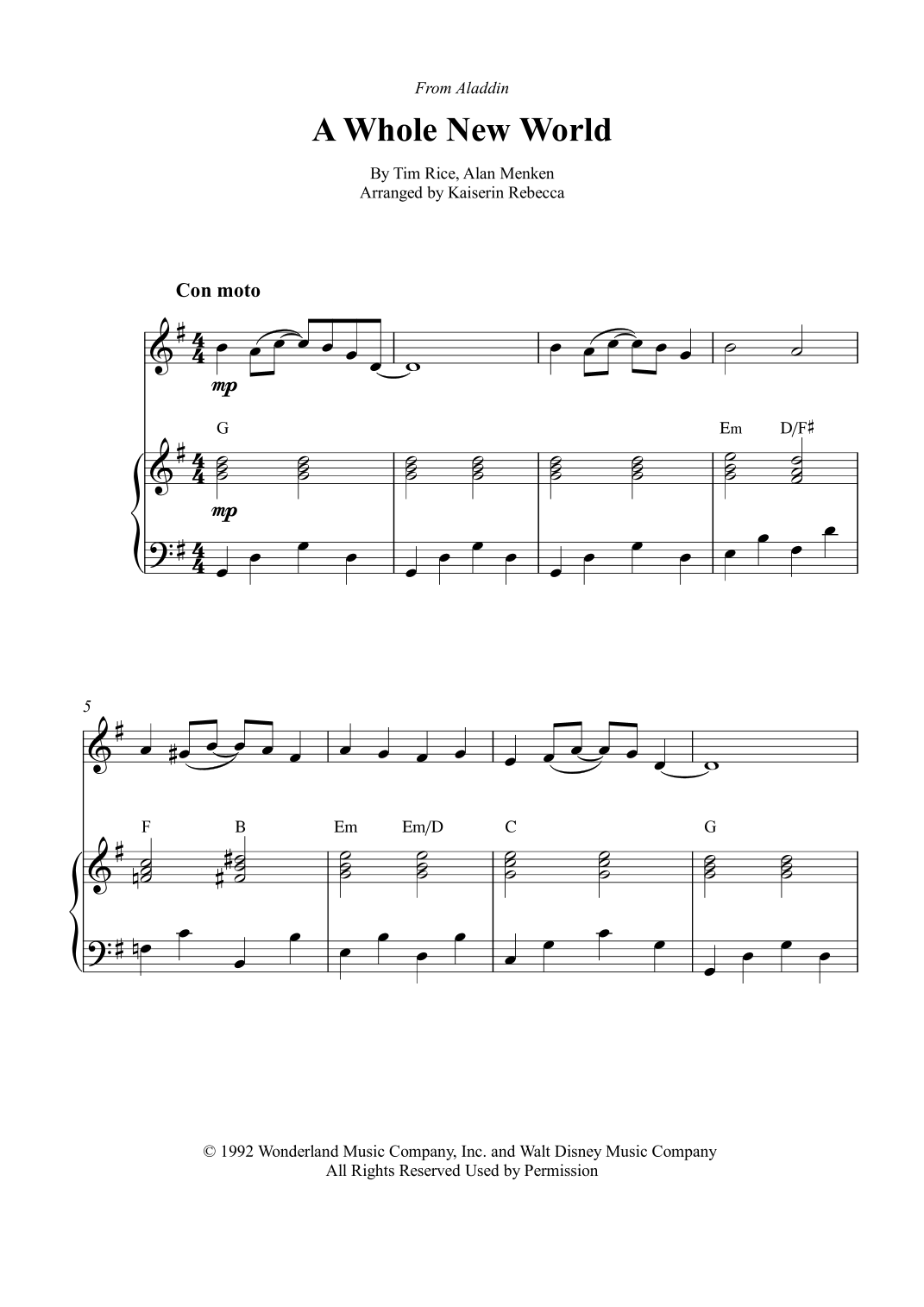 A Whole New World (arr. Kaiserin Rebecca) by Tim Rice Sheet Music for ...