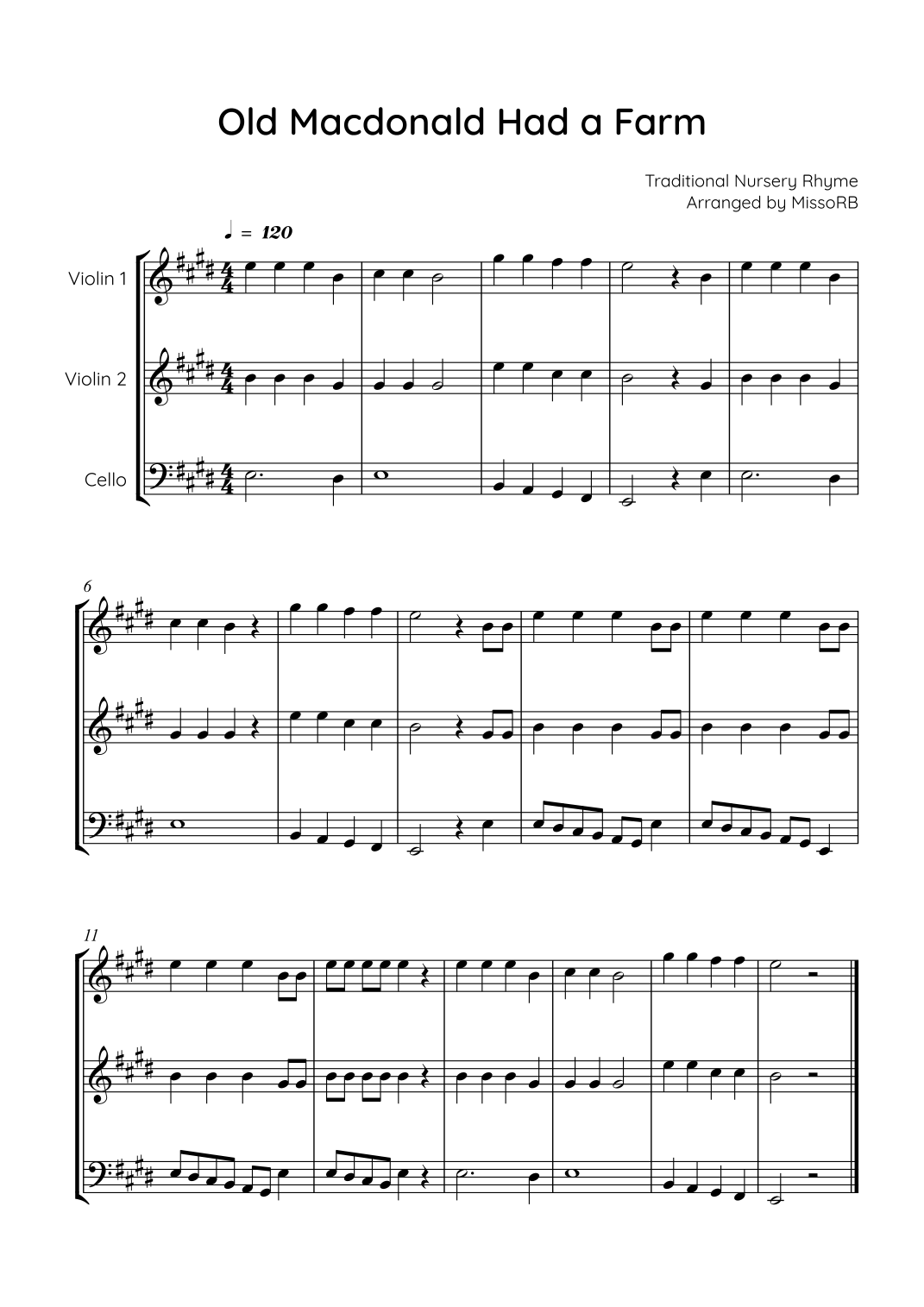 Old Macdonald Had a Farm - Violin Duet & Cello in E - Easy (arr ...